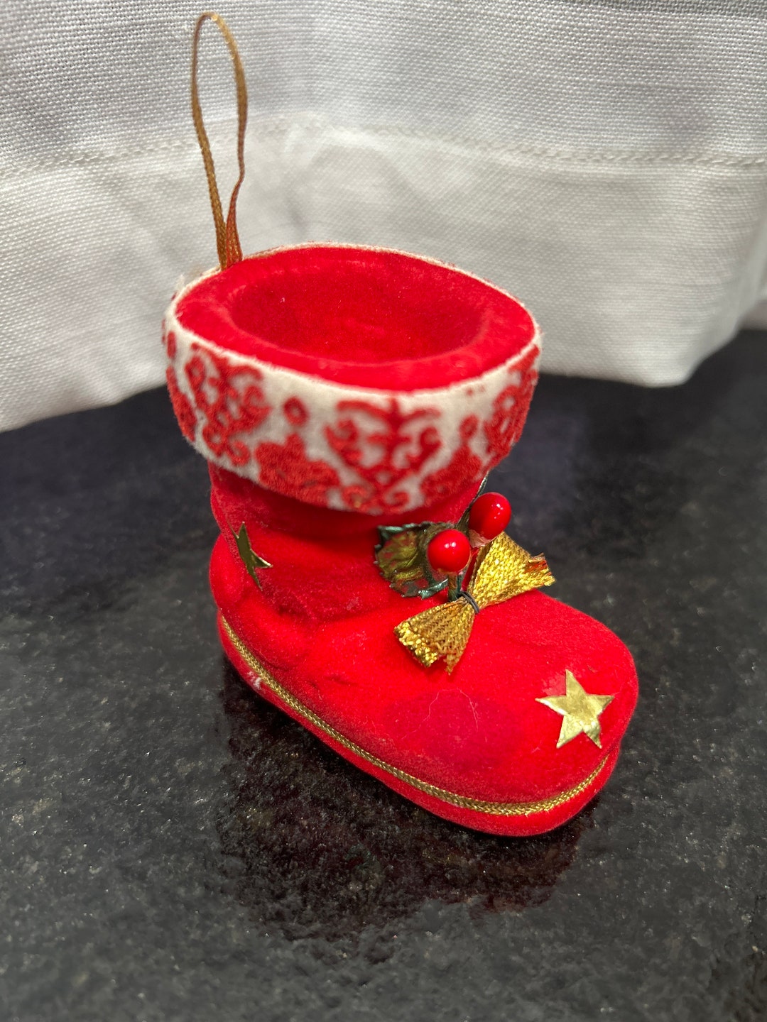 Santas Flocked Red Styrofoam Boot Ornament With Sprig of Holly and Made ...