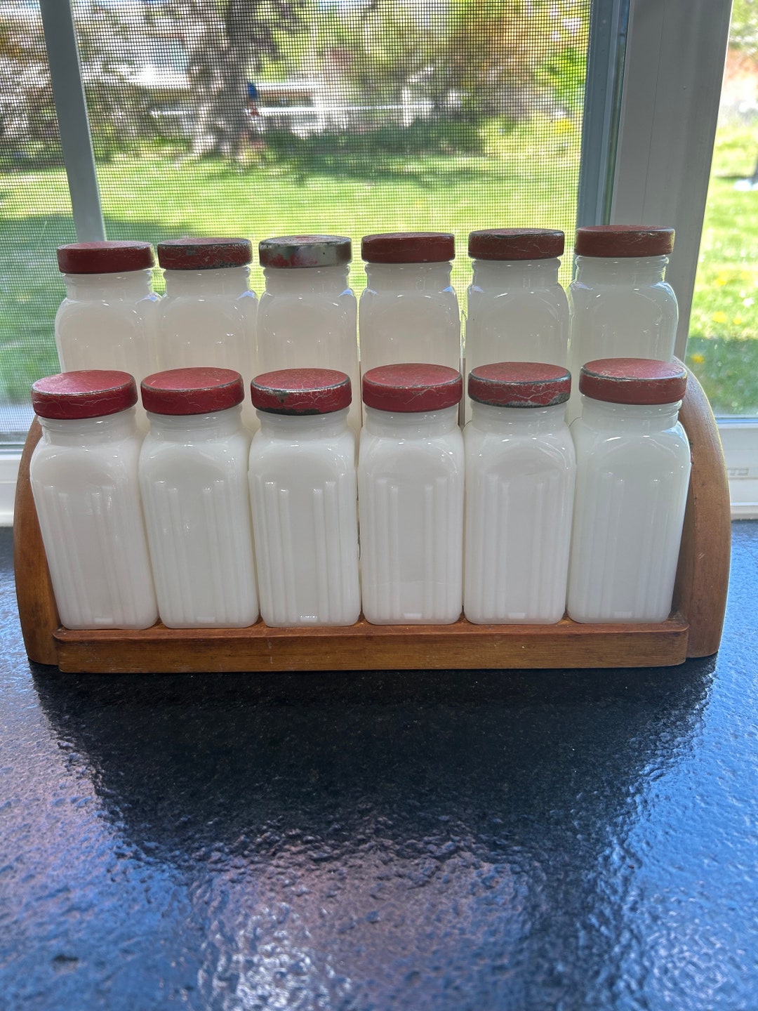 White Milk Glass Griffith Laboratories Red Capped Twelve Spice Bottles ...