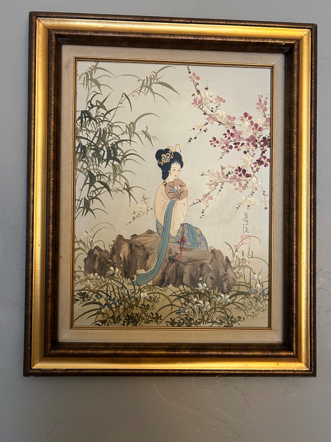 Mid Century Japanese Geisha Framed Oil on Canvas Painting With ...