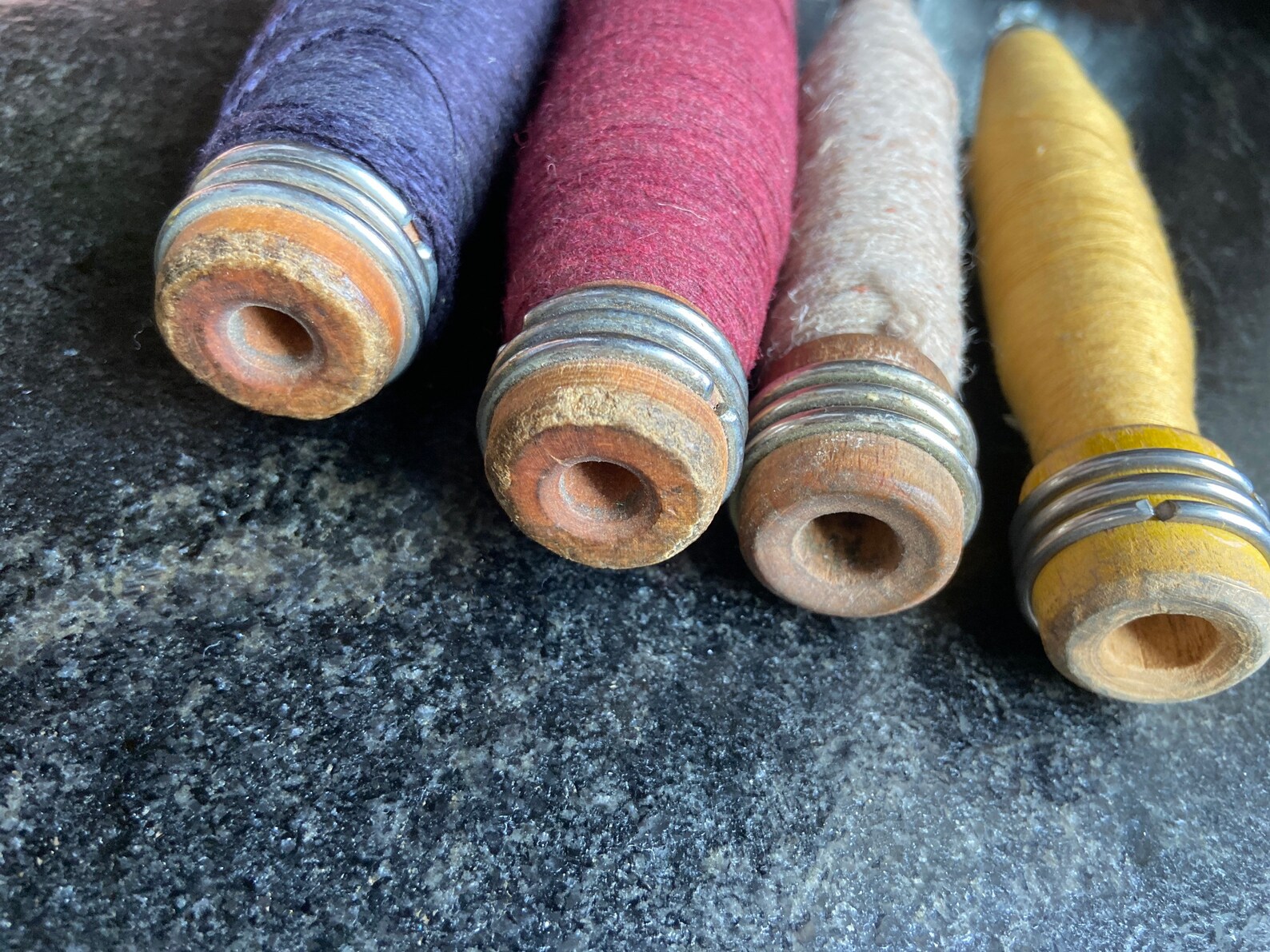 Vintage Wooden Spools With Yarn/thread on Each/textile Mill Bobbins ...