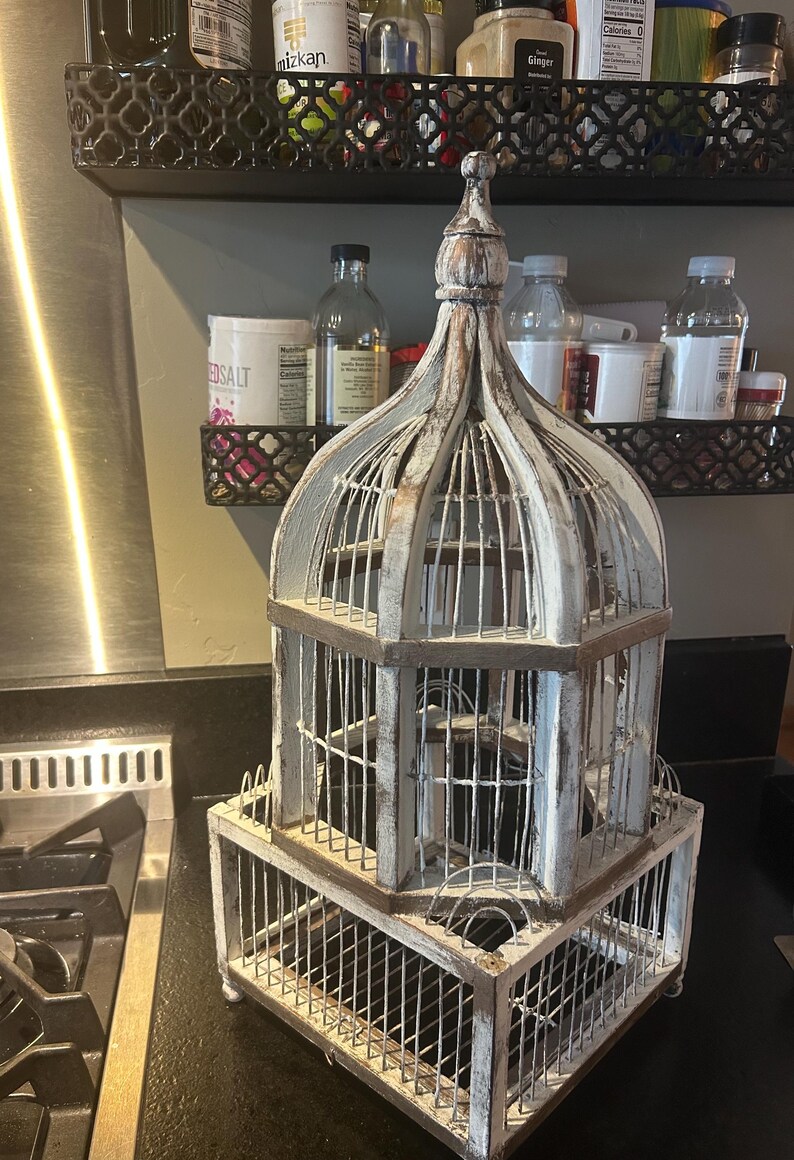 Vintage Metal and Wood Rustic Old White Bird Cage With Access Door ...