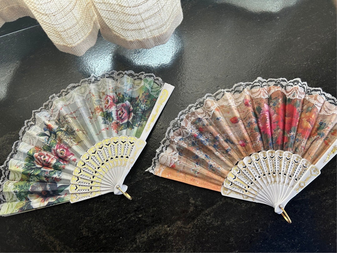 Vintage Asian Floral Fabric Lace and Plastic Fans. Both in Beautiful ...