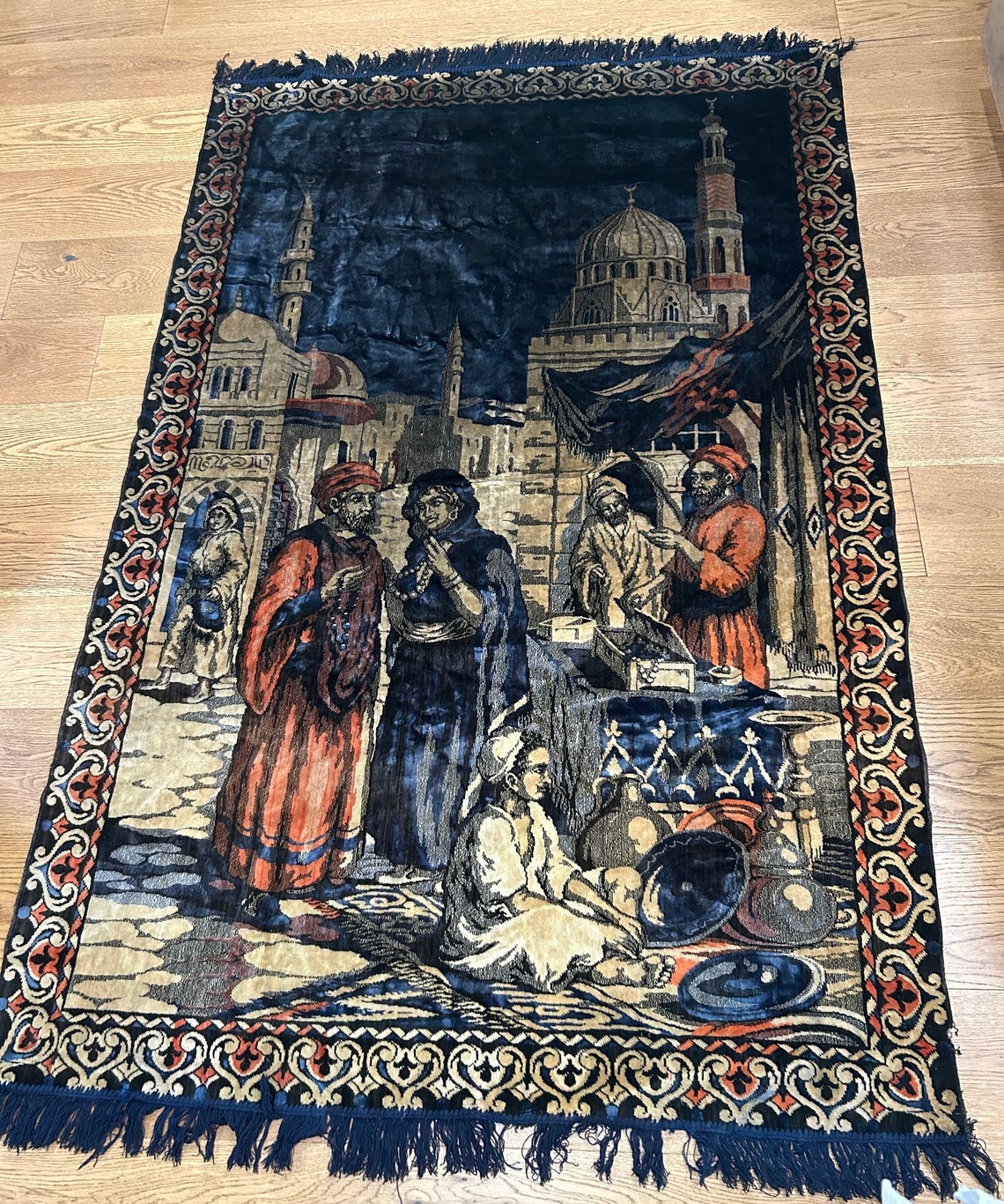 Rare Old Large Tapestry Featuring Evening Out Door Street Market in the ...