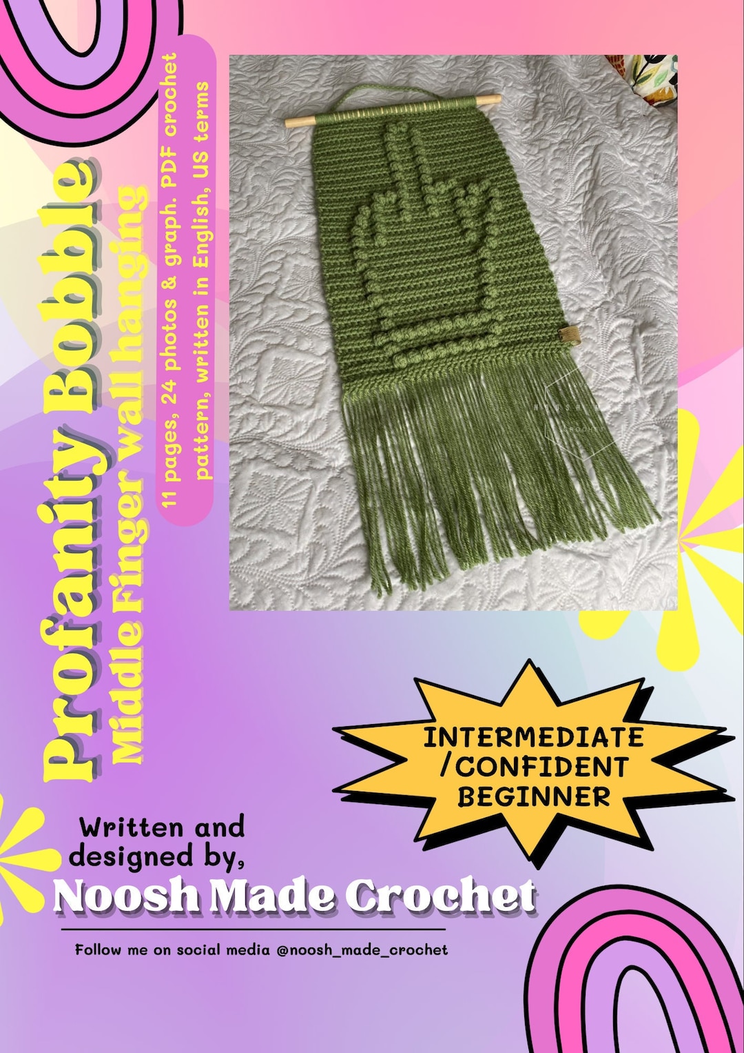 PDF Profanity Bobble Middle Finger Wall Hanging Crochet PATTERN ONLY ...