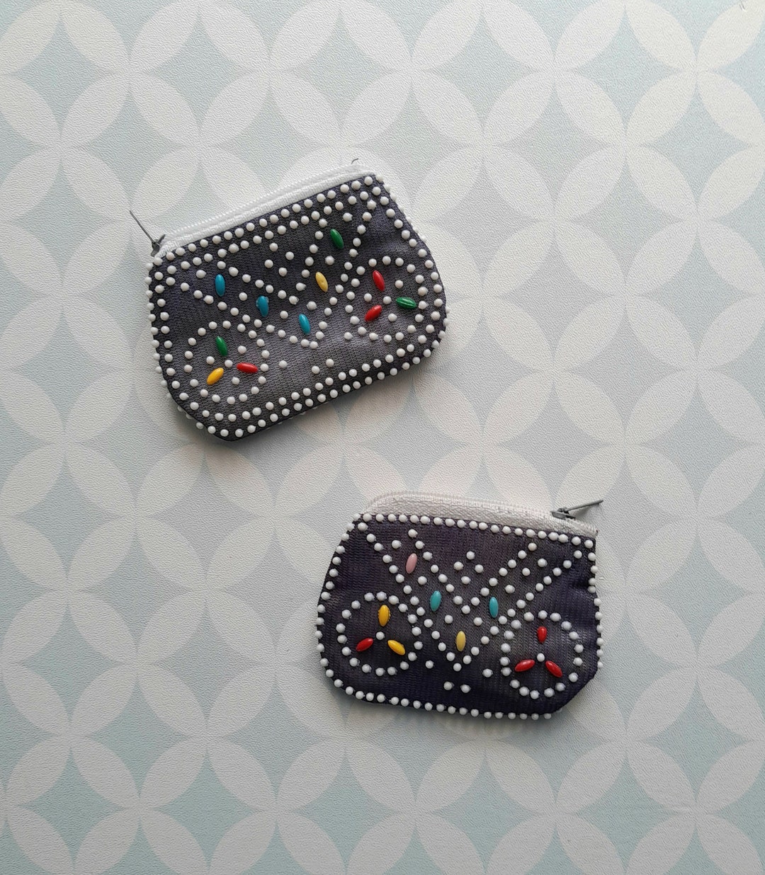 80s Vintage Canvas and Pearls Coin Purse Pearls Gray - Etsy