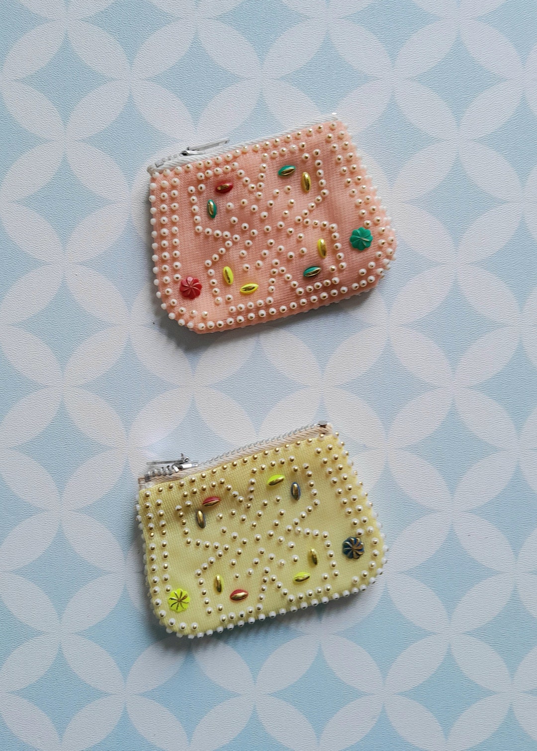80s Vintage Canvas and Pearls Coin Purse Pearls Pastel Yellow or Pastel ...