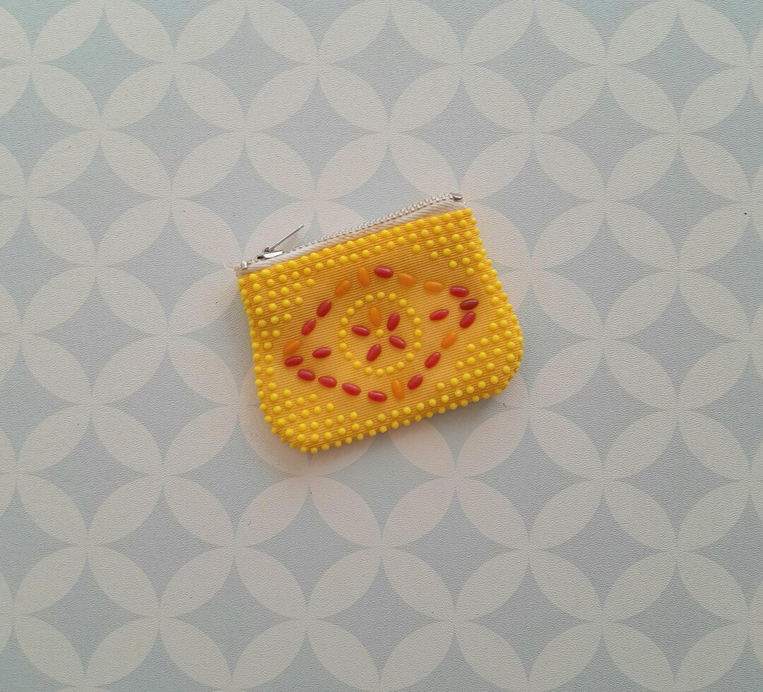 80s Vintage Yellow Canvas and Fabric Coin Purse With Multicolored Beads ...
