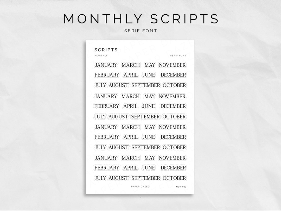 Mini Monthly Scripts SERIF Font Bullet Journal Stickers, Planner ...