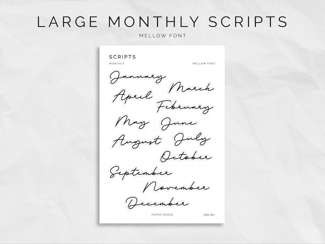 Large Monthly Scripts - MELLOW Font | Bullet Journal Stickers, Planner ...