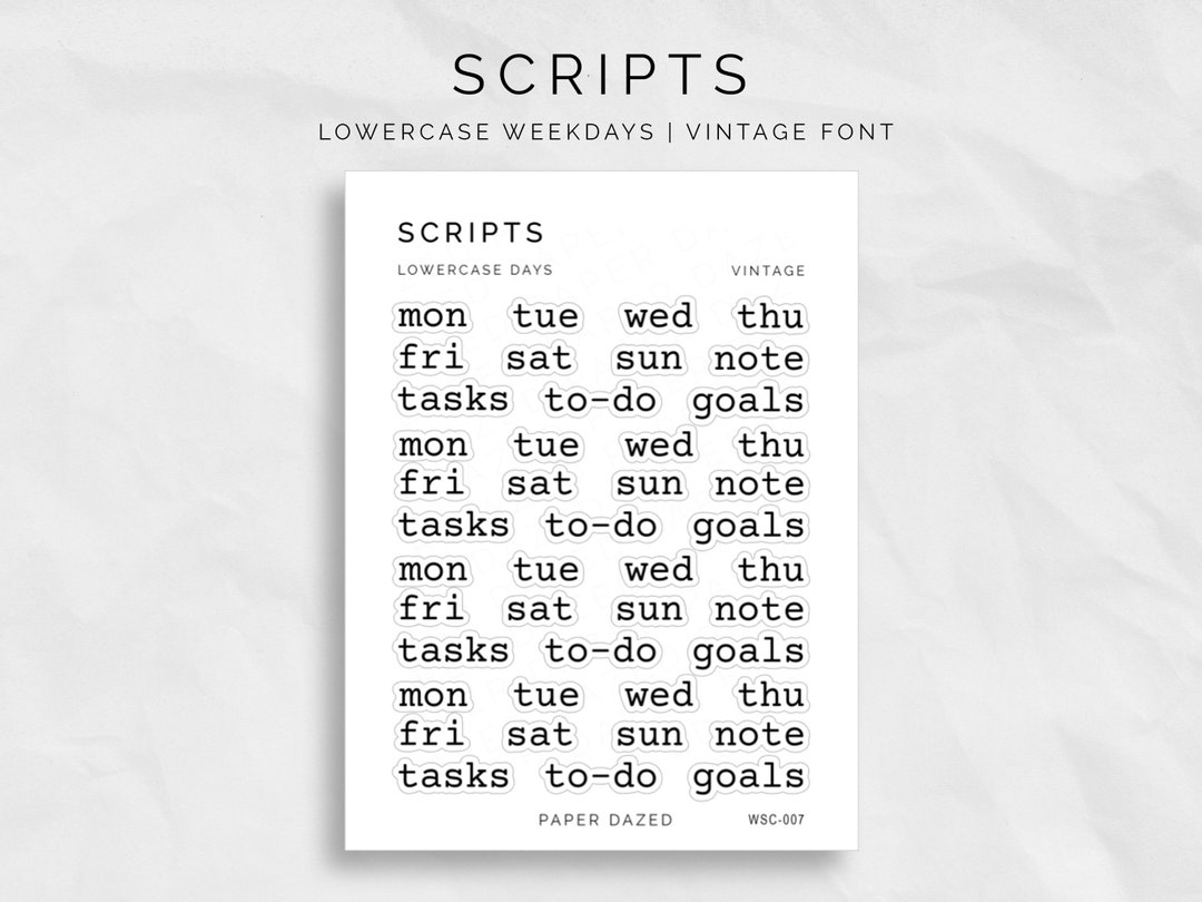 LOWERCASE Abbreviated Days of the Week Stickers, Weekday Scripts ...