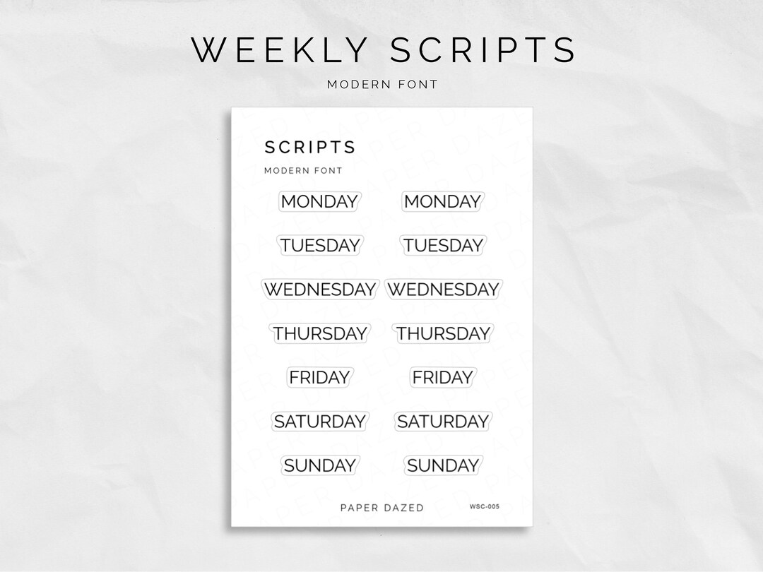 Weekly Script Stickers MODERN Font Functional and Minimal - Etsy