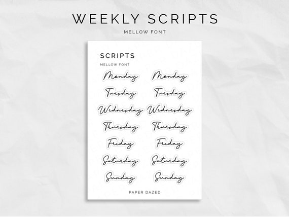 Weekly Script Stickers MELLOW Font Functional and Minimal - Etsy
