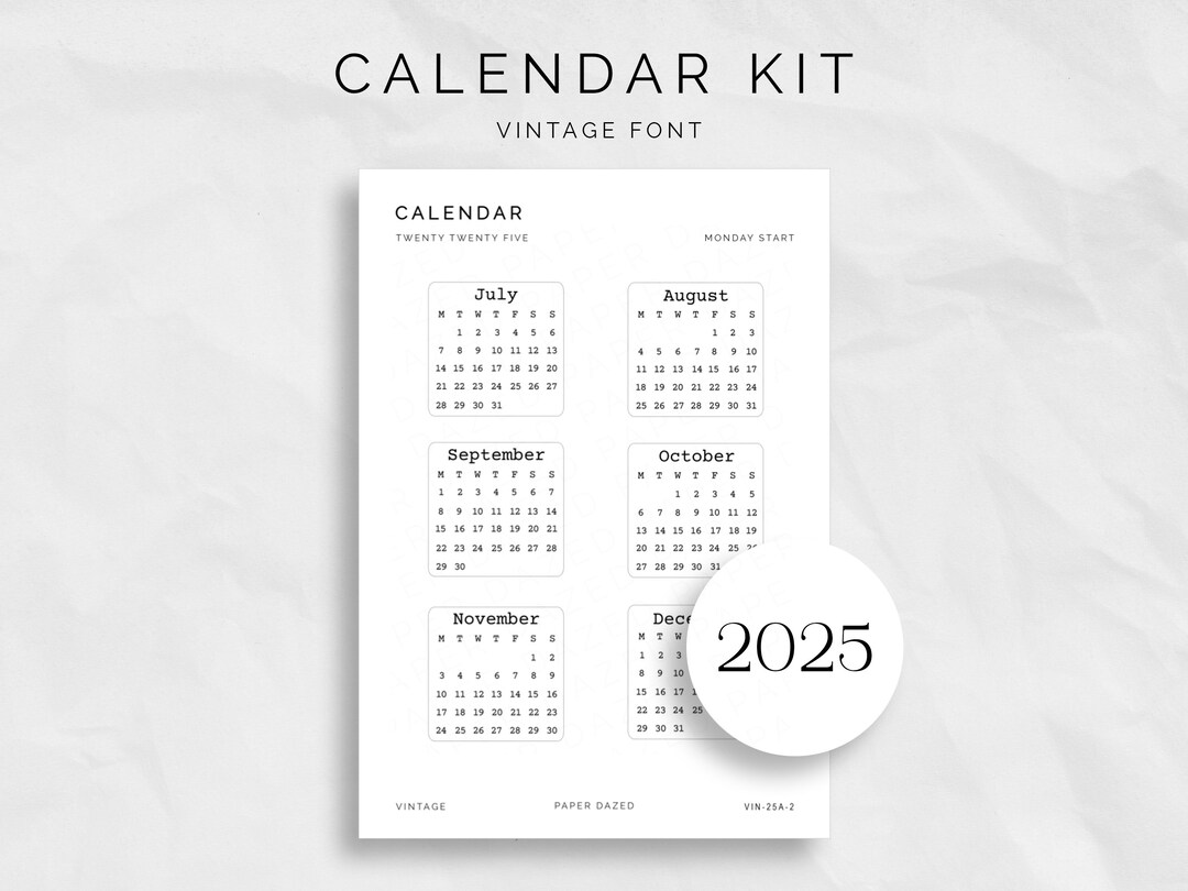 2025 Mini Calendar Kit in VINTAGE Font, Year at a Glance Mini Stickers ...