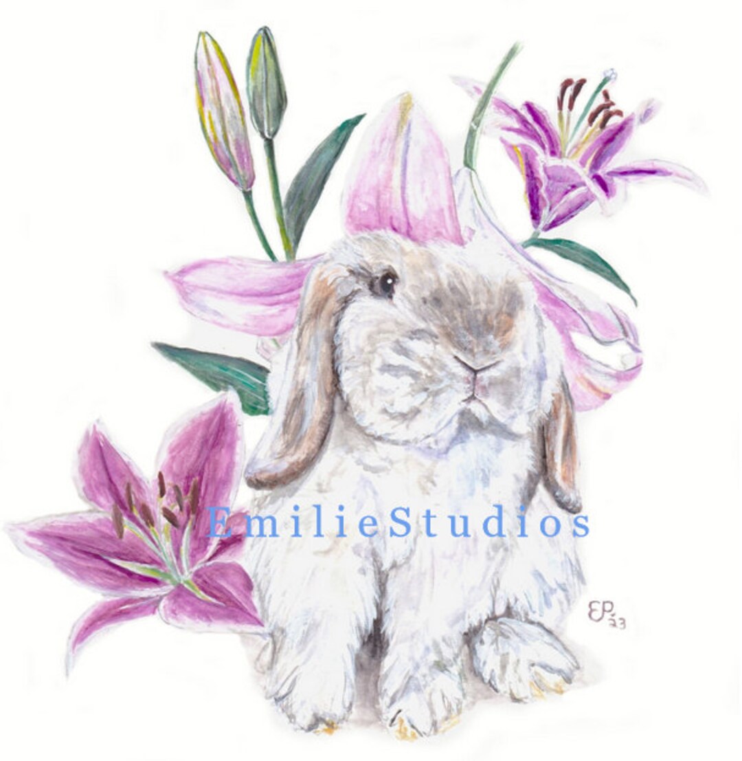 Holland Lop With Lilies | Easter Rabbit Watercolor Art Print | Bunny ...