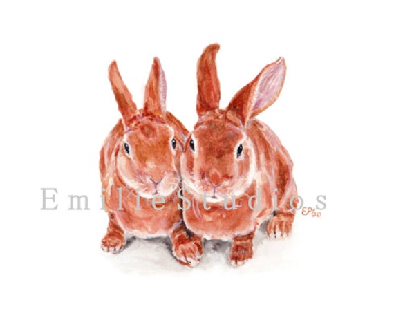 Pair of Red Mini Rex Rabbits Watercolor Print | Etsy
