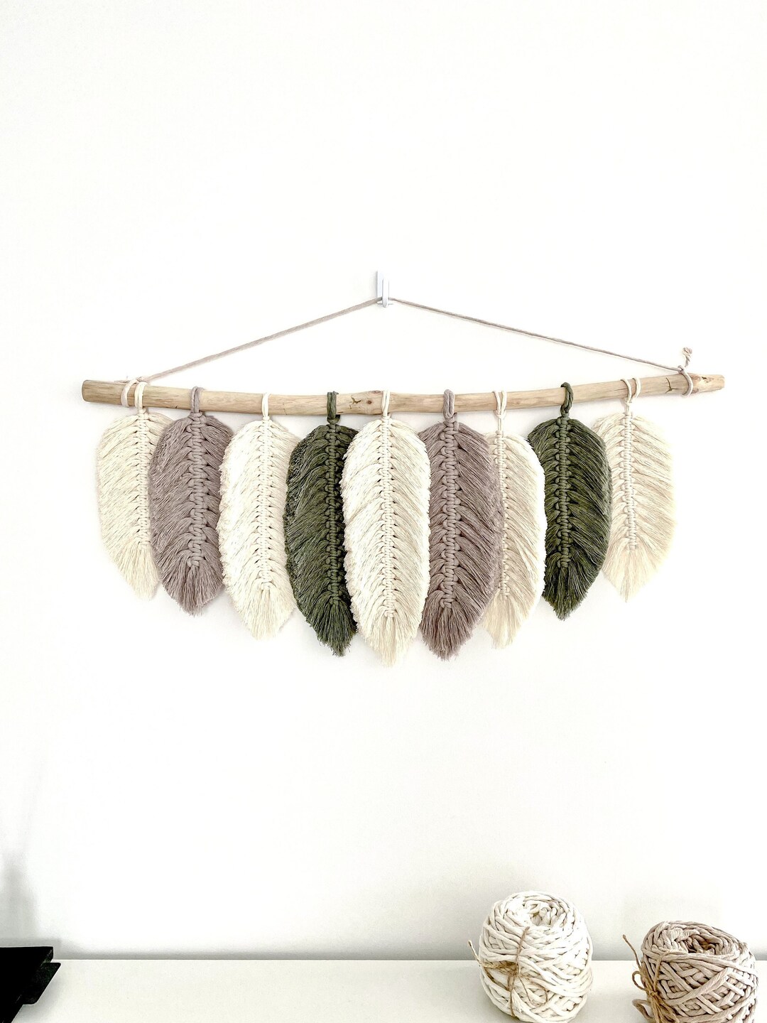 Macrame Leaf Wall Hanging Sage Green Macrame Feathers on Wood Large ...
