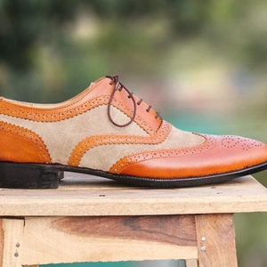Men's Handmade Two Tone Tan Beige Wing Tip Brogue Leather - Etsy