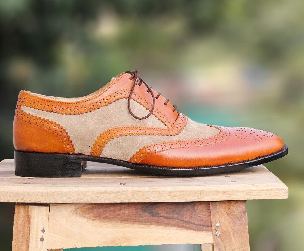 Men's Handmade Two Tone Tan Beige Wing Tip Brogue Leather - Etsy UK