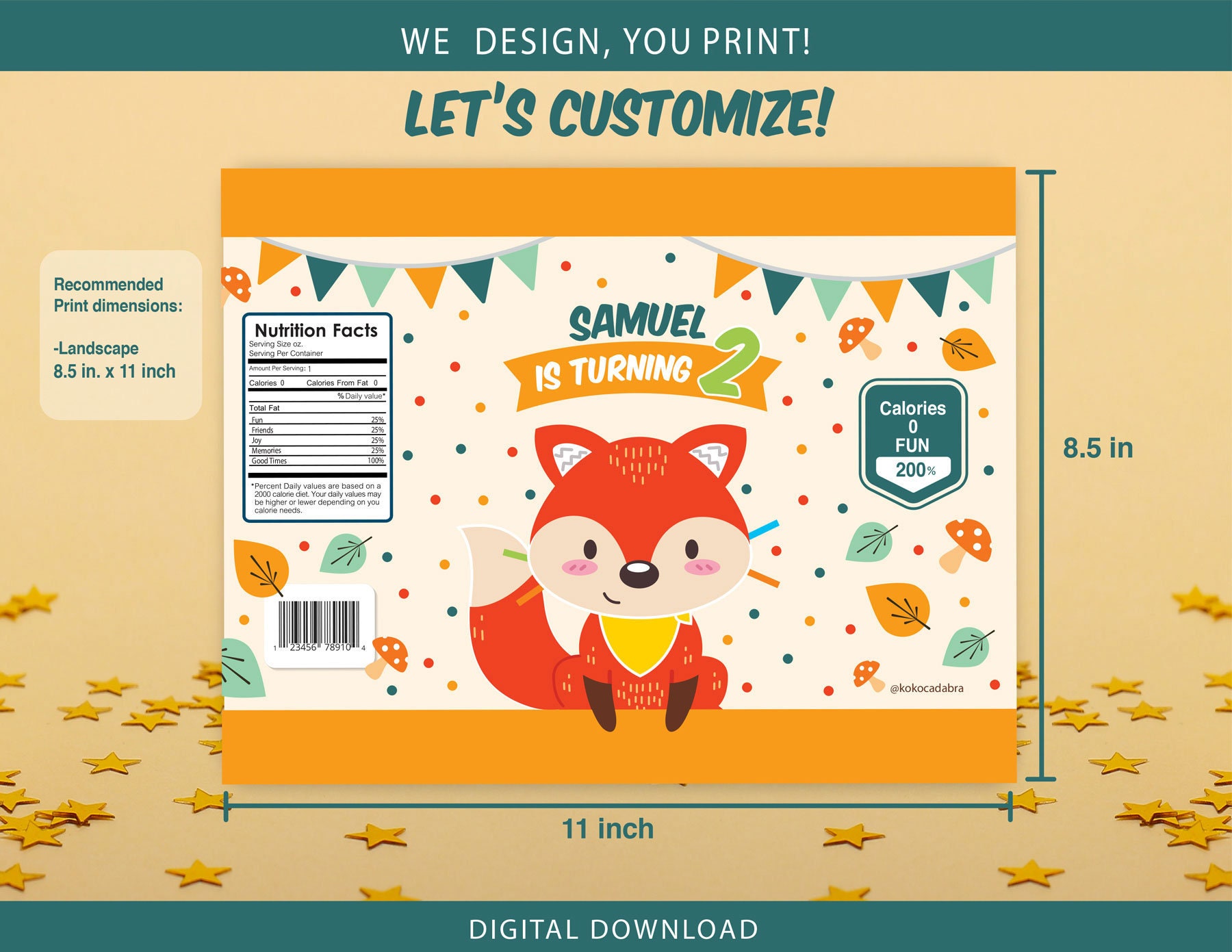 Personalized Fox Chip Bag | Digital Download | Customizable Birthday ...