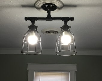 4 Light Black Iron Pipe Metal Light Fixture With Bulb Cages - Etsy