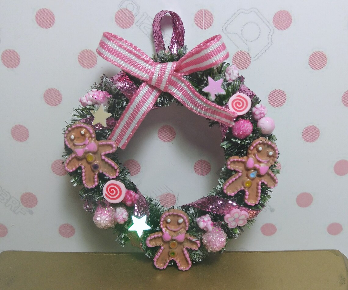 Pink Gingerbread Cookie Wreath, Miniature Shabby Chic Christmas Wreath ...
