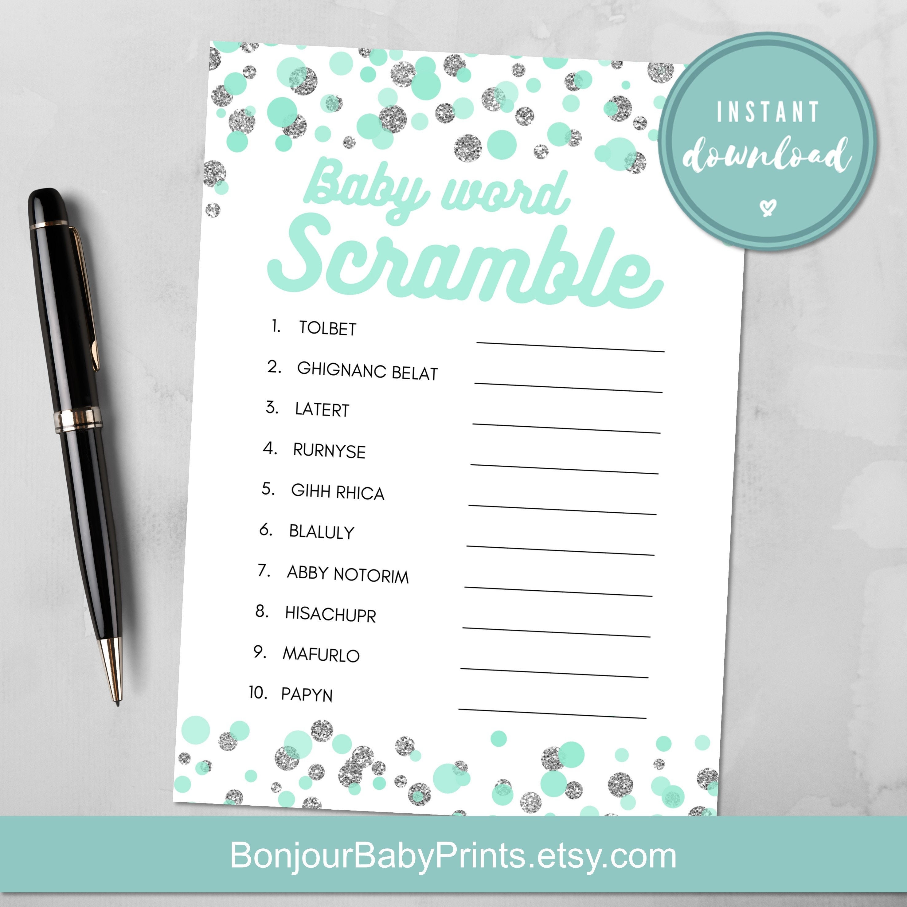 Baby Word Scramble Boy Baby Shower Game Mint & Silver Baby | Etsy