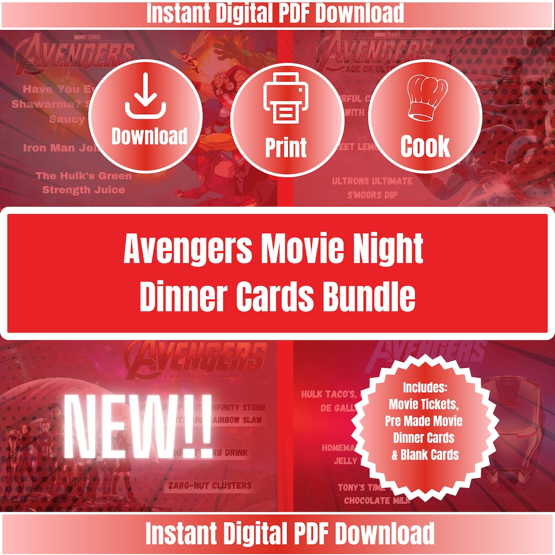 NEW! 4 Movie Night Dinner Printable Cards, Instant Digital Download ...