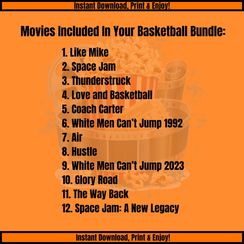 NEW! 12 Basketball Themed Movie Night Dinner Printable Cards, Instant ...