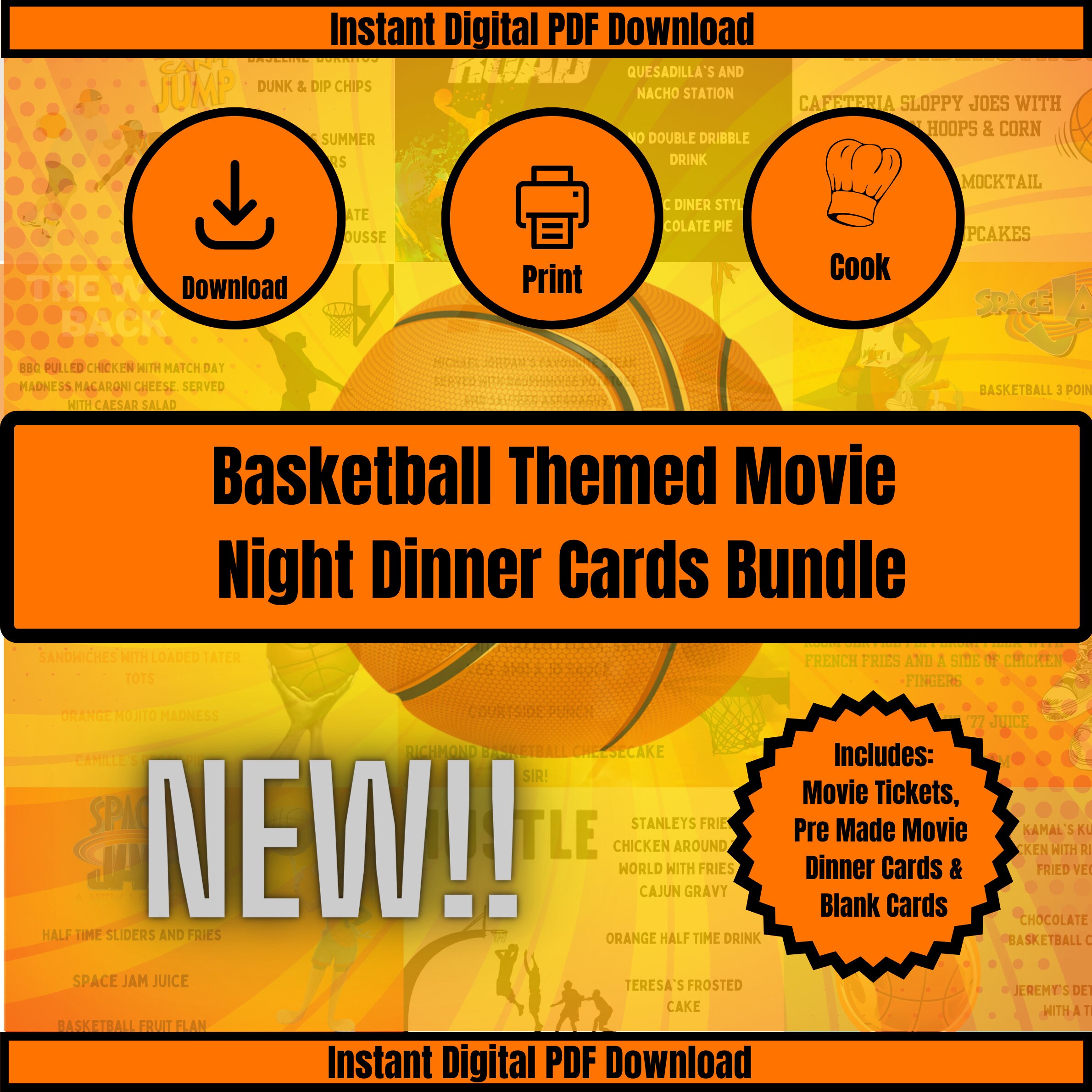 NEW! 12 Basketball Themed Movie Night Dinner Printable Cards, Instant Digital Download, Tickets ...
