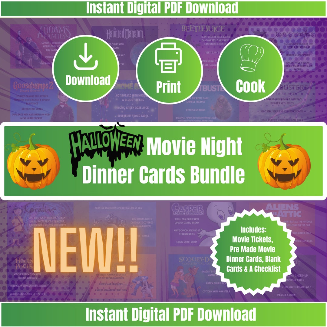 NEW! 31 Halloween Movie Night Dinner Printable Cards, Instant Digital ...