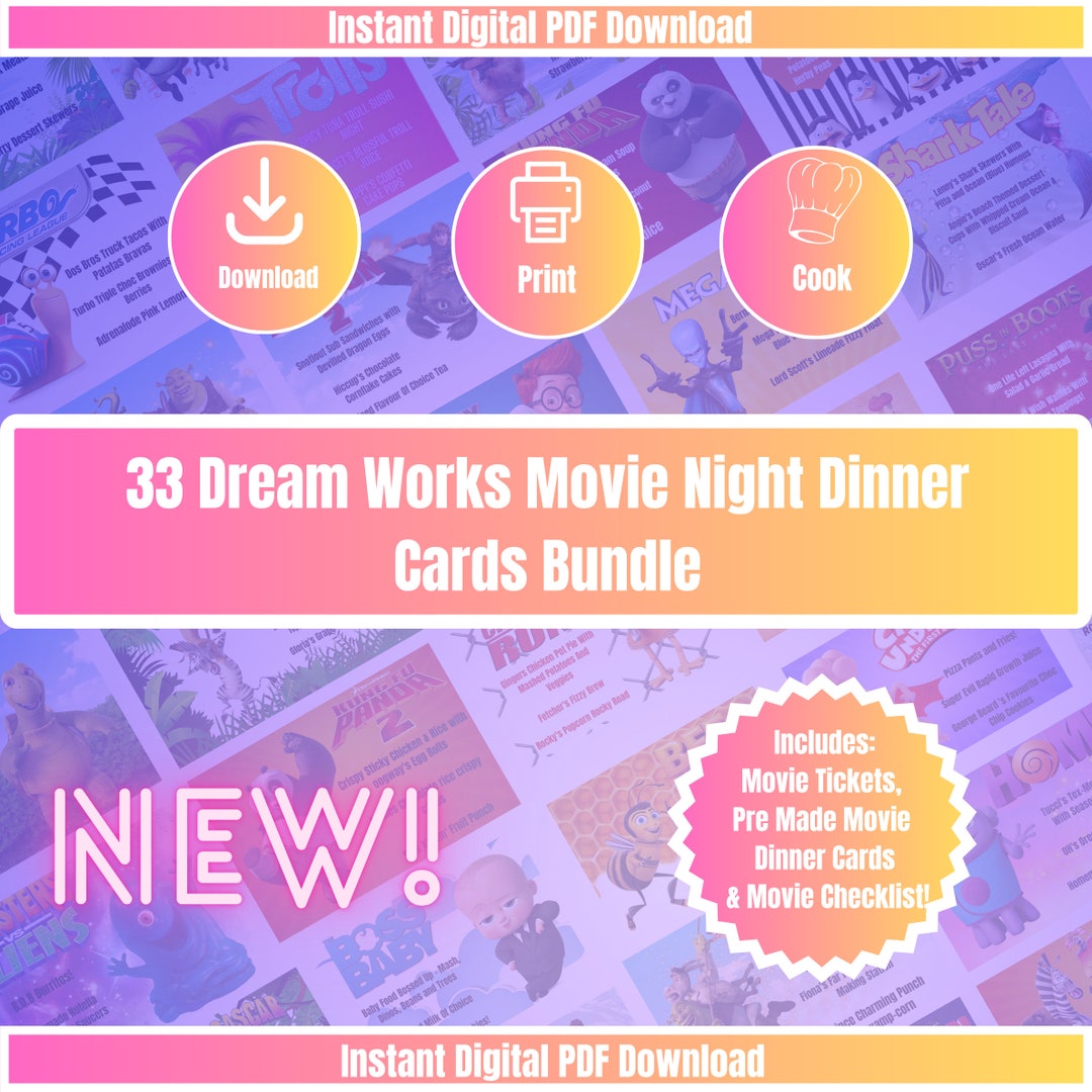 NEW 33 Movie Night Dinner Printable Cards, Instant Digital Download ...
