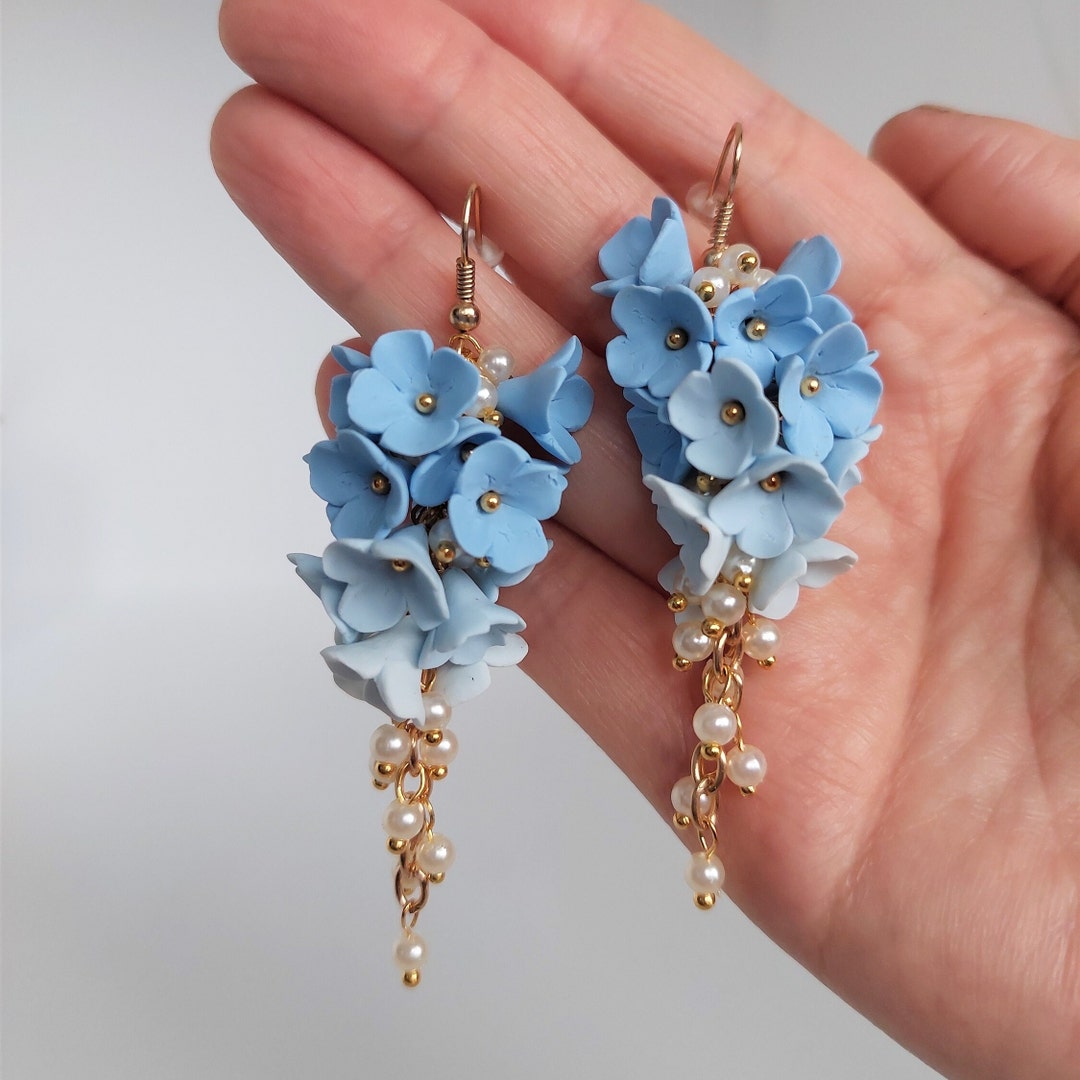Long Flower Earrings Blue Flower Jewelry Dainty Earrings Etsy