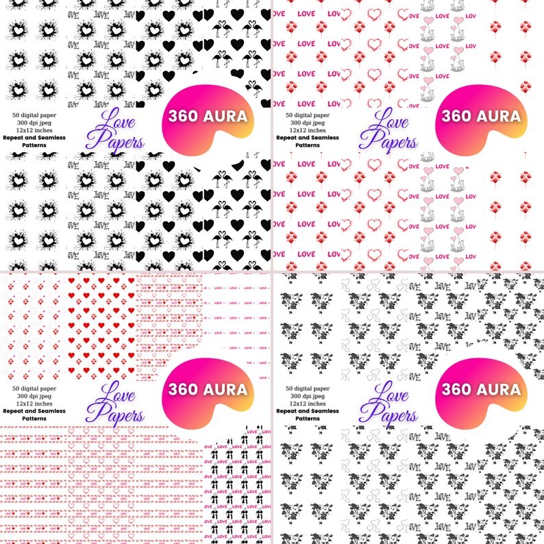 Valentine Digital Paper, 50 Love Digital Paper,12x12 Digital Scrapbook ...