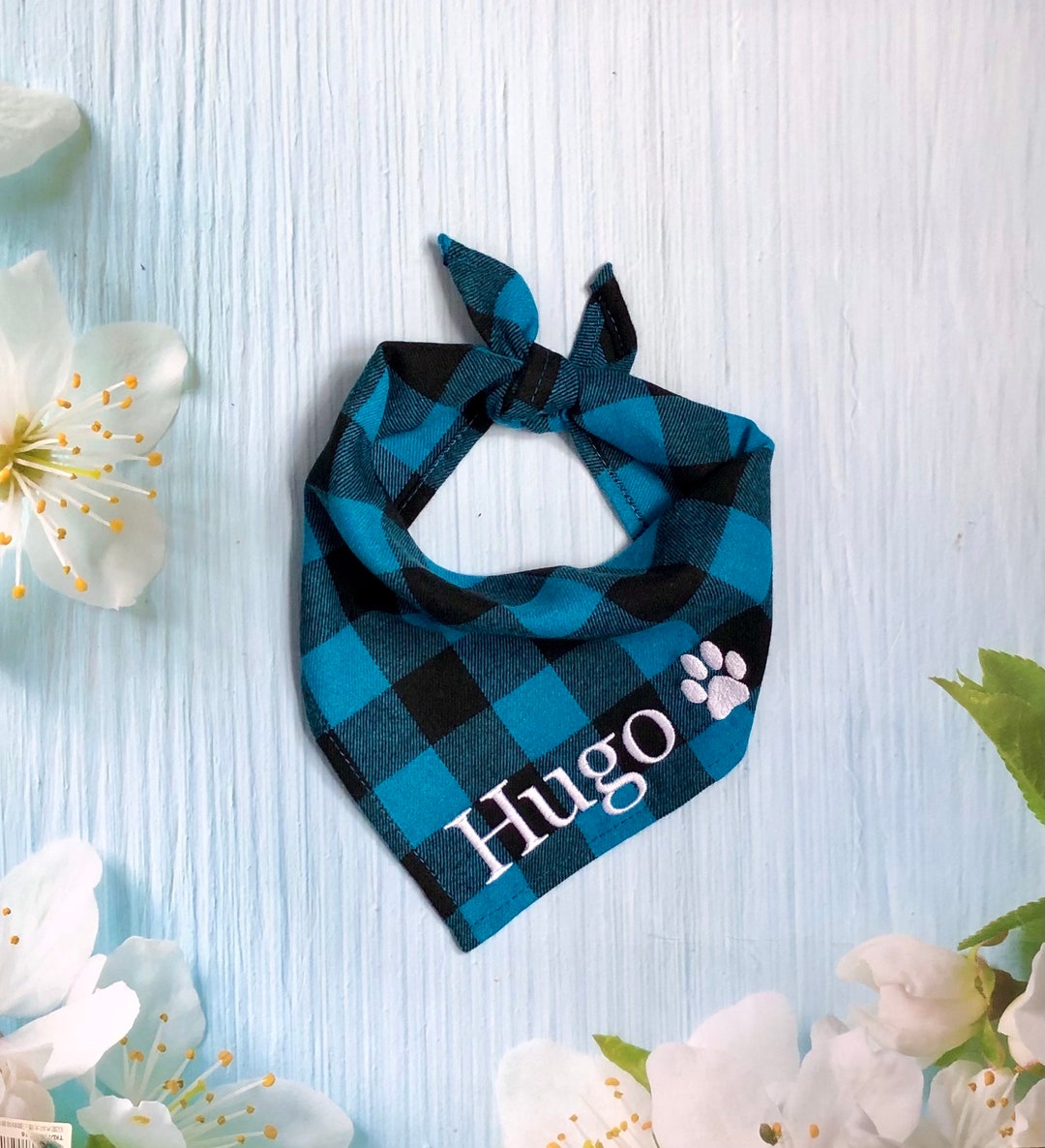 Personalised Baby Blue Tartan Dog Bandana – Embroidered Name & Paw, Tie ...