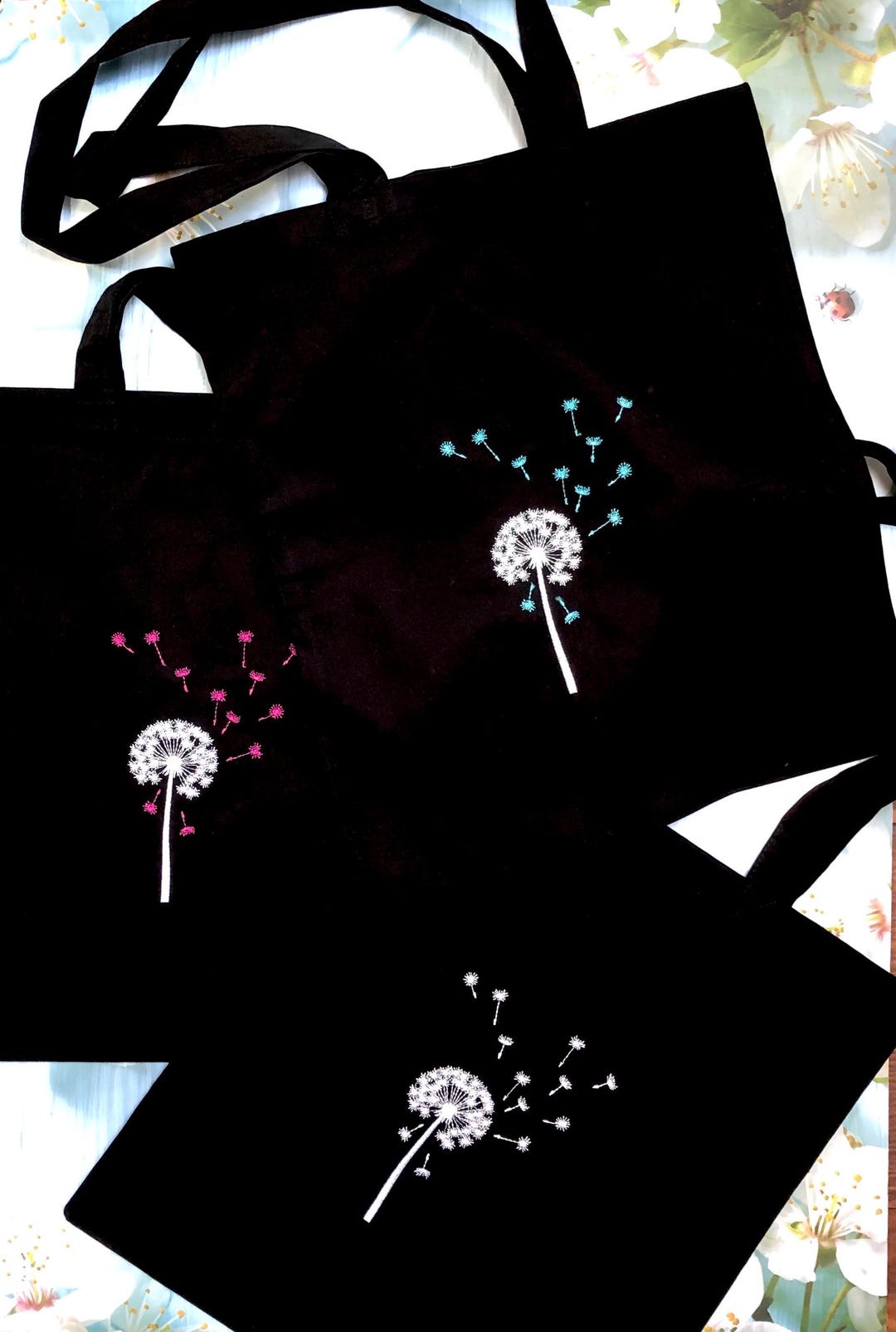 Embroidered Dandelion Tote Bag – Cotton Canvas Market Bag With Blue ...