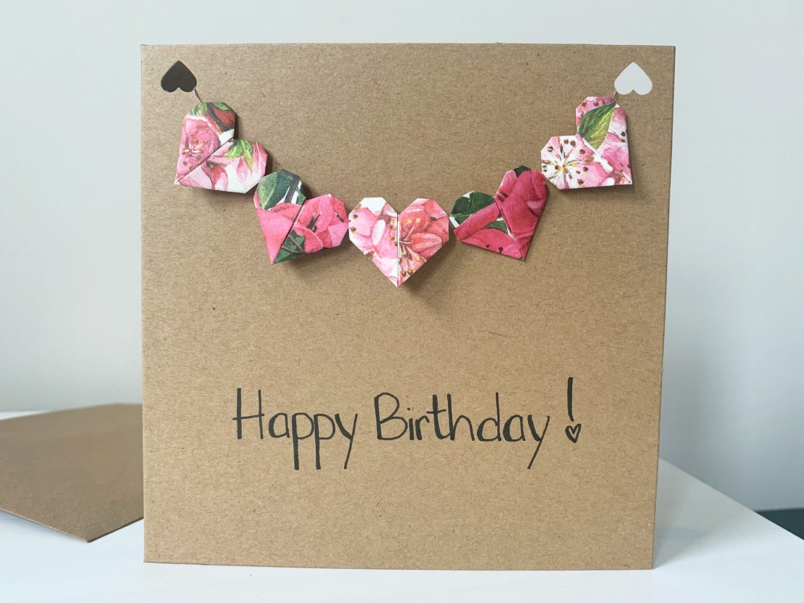 Happy Birthday Origami Hearts Spring Flowers Blank Card | Etsy