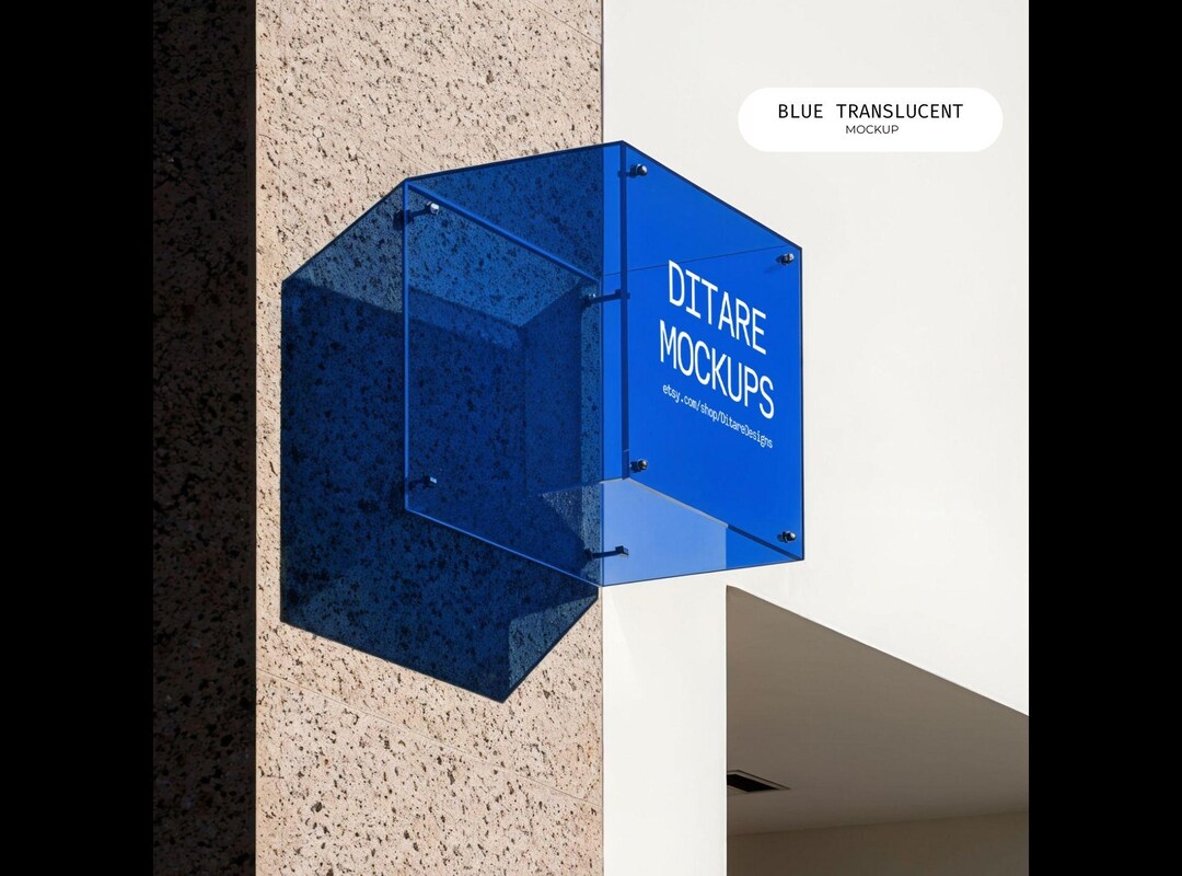 Blue Translucent Sign Mockup, Modern Acrylic Wall Sign PSD for Branding ...
