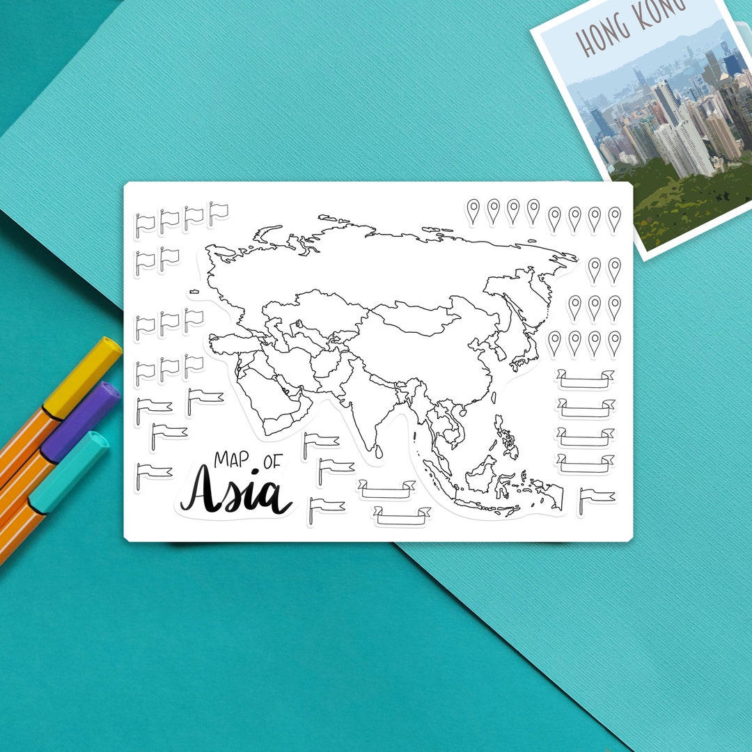 Asia Map Outline Sticker - Colour-in Map, Travel Scrapbook Sticker ...