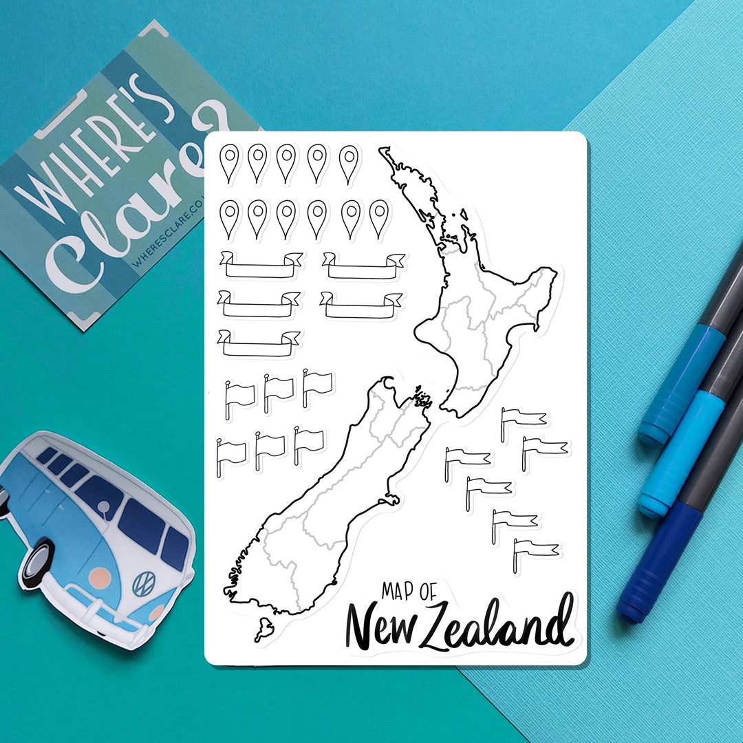 New Zealand Map Outline Sticker - Colour-in Map, Travel Scrapbook ...
