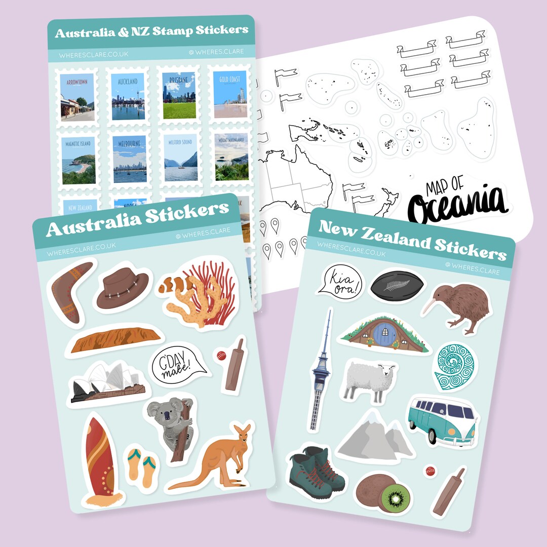 Australia and New Zealand Sticker Sheets With Map Sticker, Flag ...