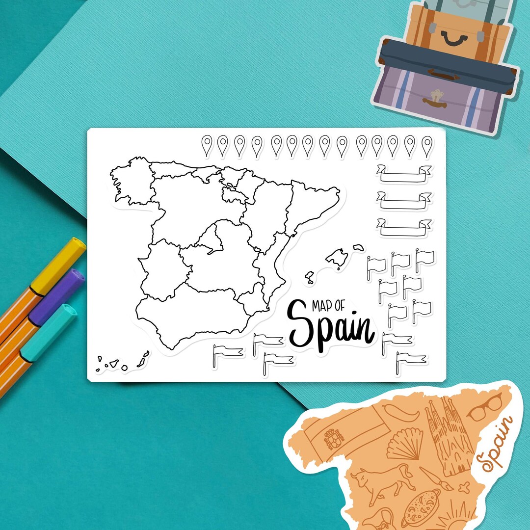 Spain Map Outline Sticker - Colour-in Map, Travel Scrapbook Sticker ...