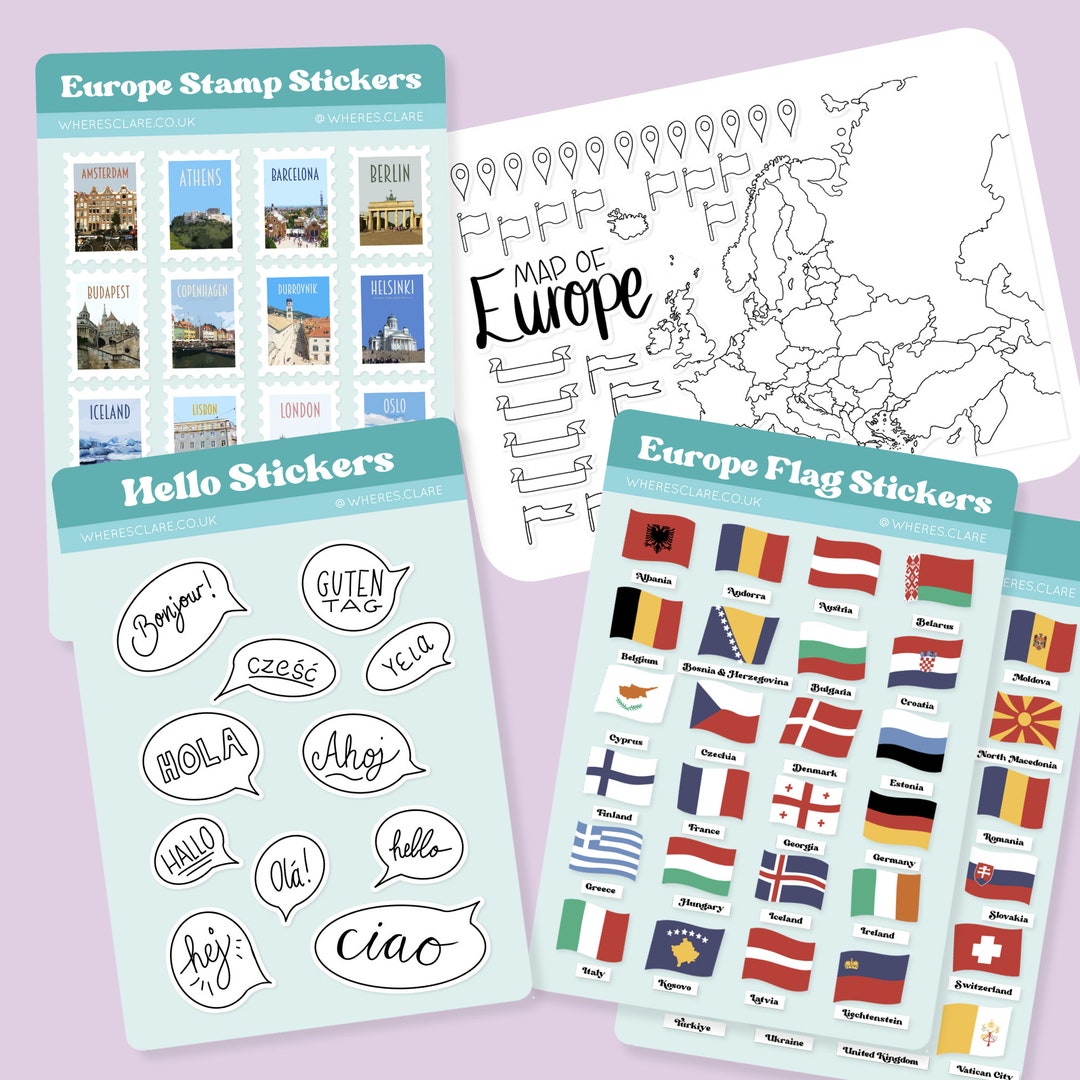 Europe Sticker Sheets With Map Sticker, Flag Stickers, Stamps of ...