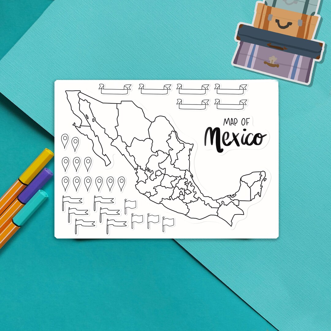 Mexico Map Outline Sticker - Colour-in Map, Travel Scrapbook Sticker ...