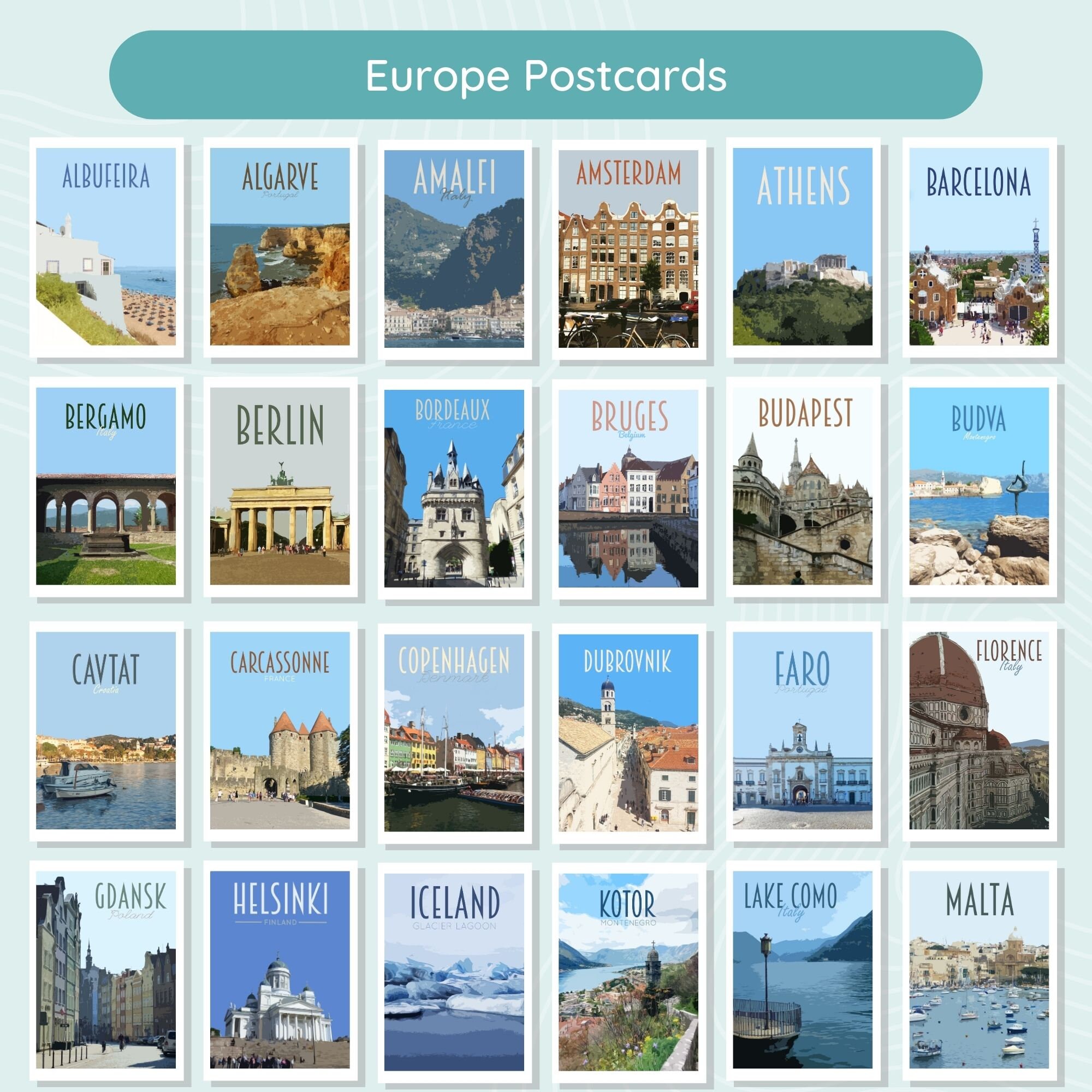 Travel Postcards Pack - Retro Vintage Style - Cities Postcard Pack ...