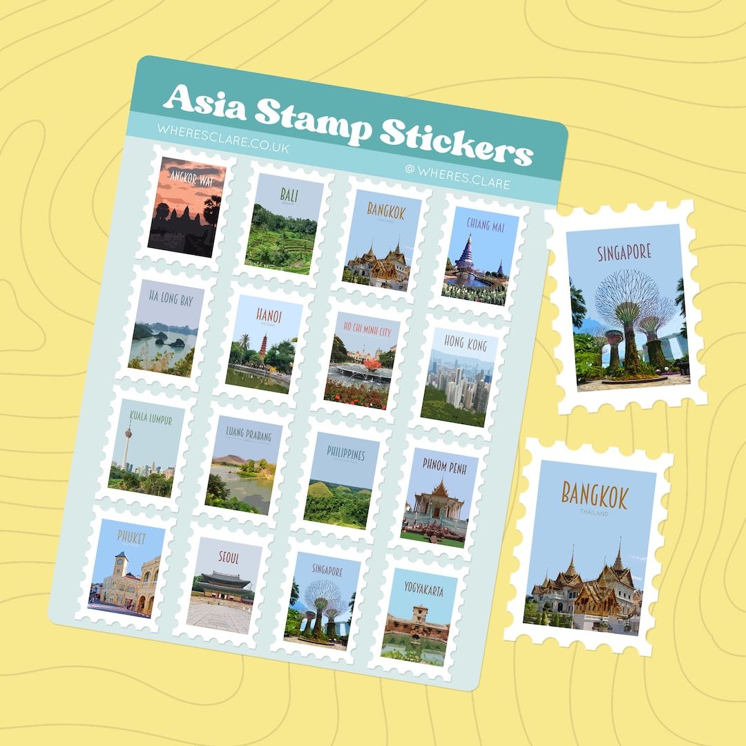 Asia Stamp Sticker Sheet With Stamps of Bangkok, Hanoi, Singapore, Bali ...