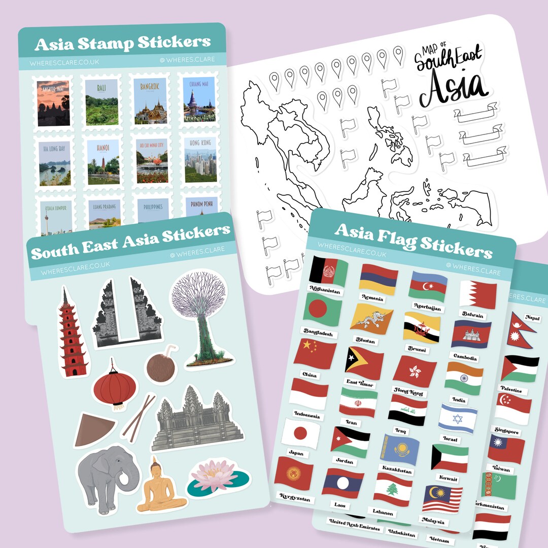 South East Asia Sticker Sheets With Map Sticker, Flag Stickers, Stamps ...