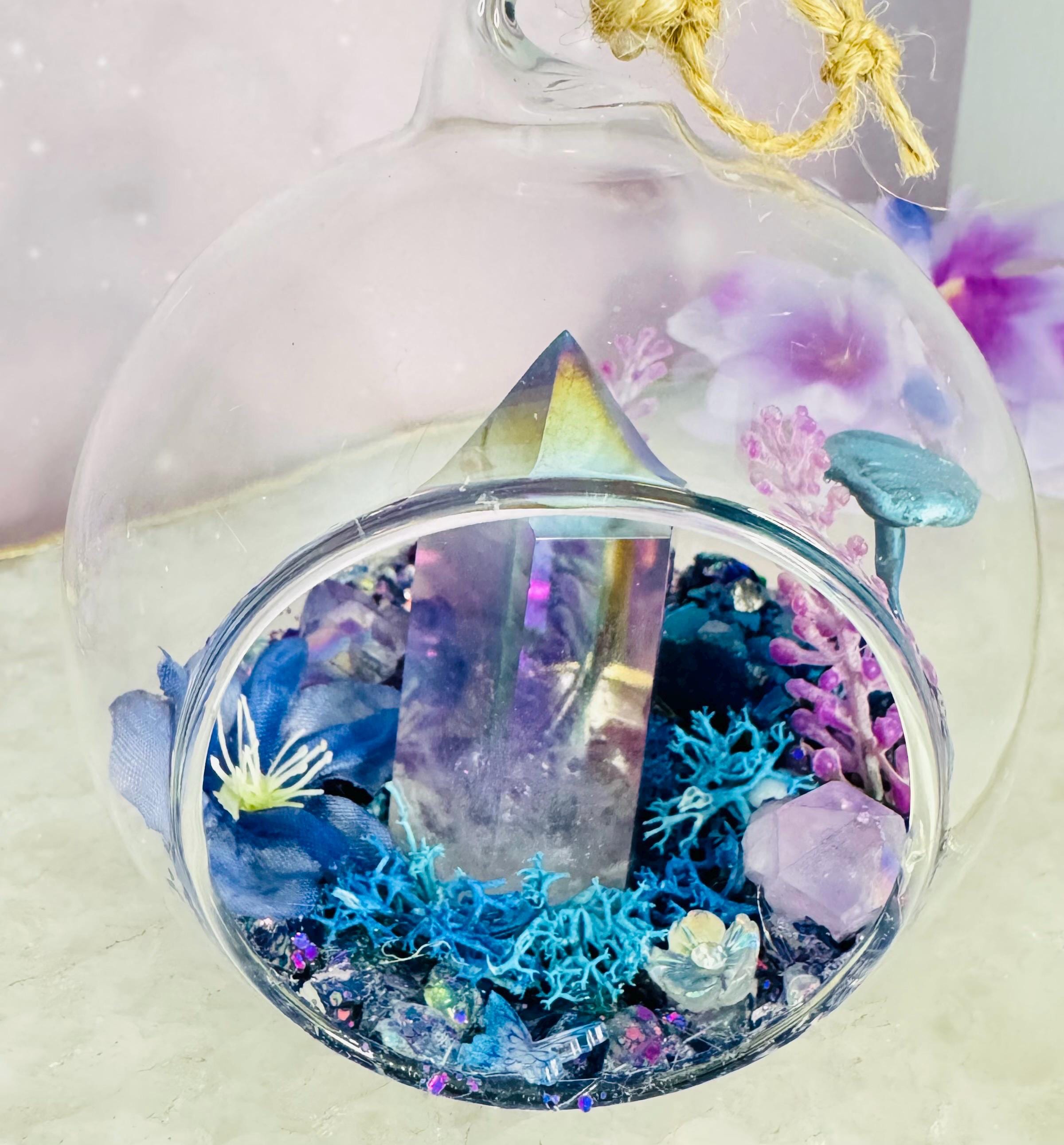 Tanzine Aura Quartz Crystal Garden: Hanging Glass Orb, Fairy Garden - Etsy