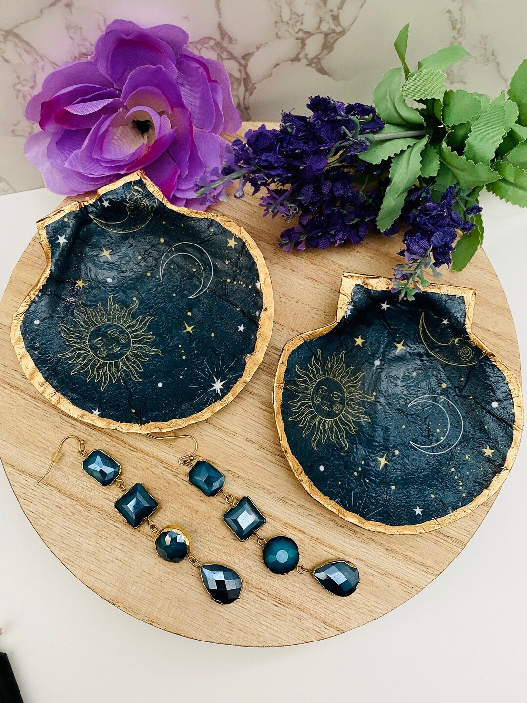 Sun and Moon Celestial Ring Dish - Decoupage Shells Trinket Tray- Witch ...