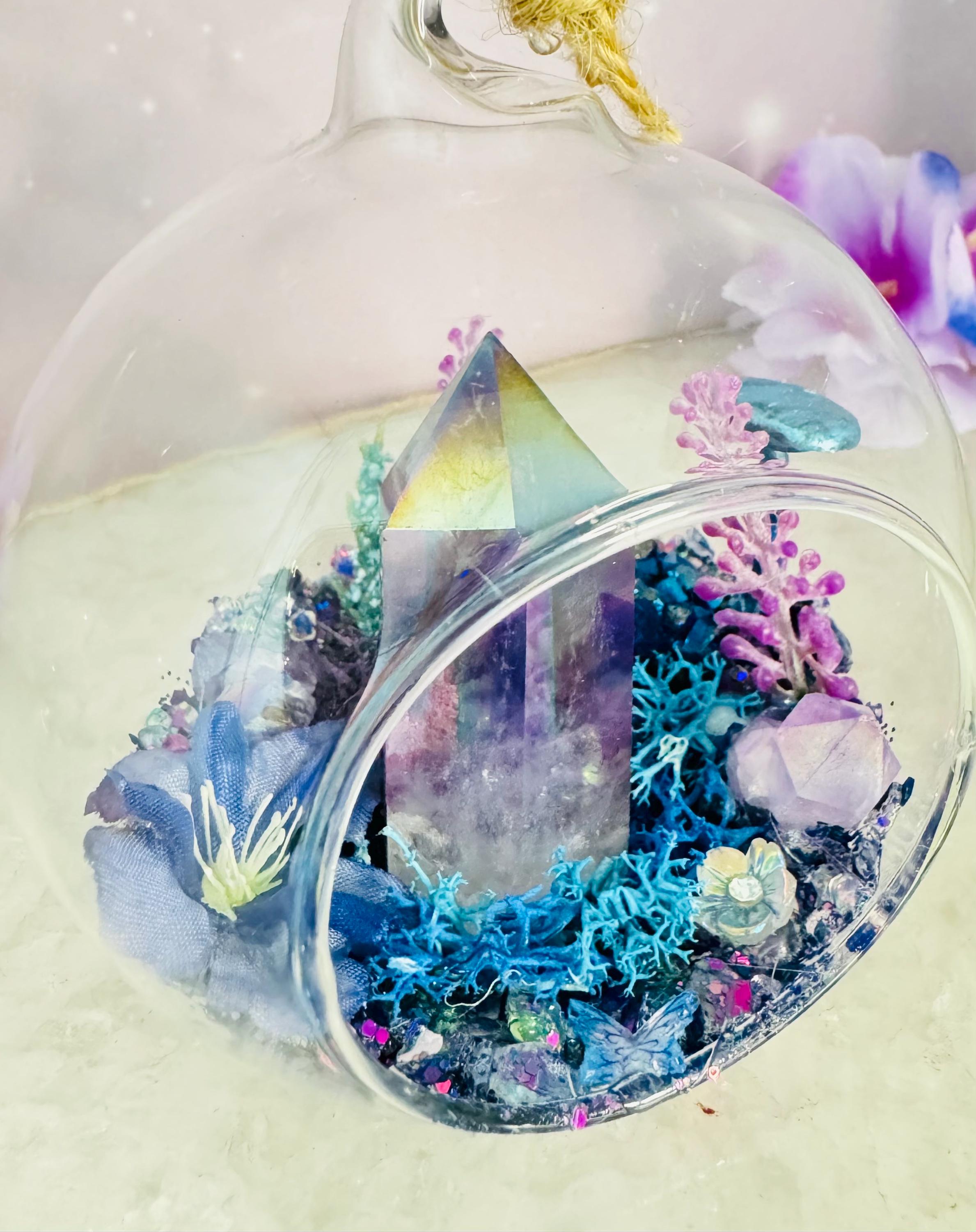 Tanzine Aura Quartz Crystal Garden: Hanging Glass Orb, Fairy Garden - Etsy