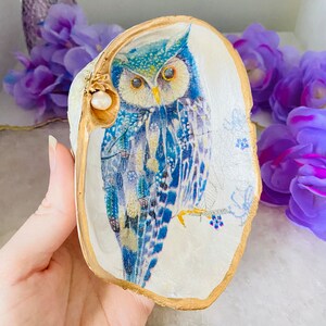 Decoupage Owl Offering Shell Oyster Shell Ring Dish Owl Lover Decor ...